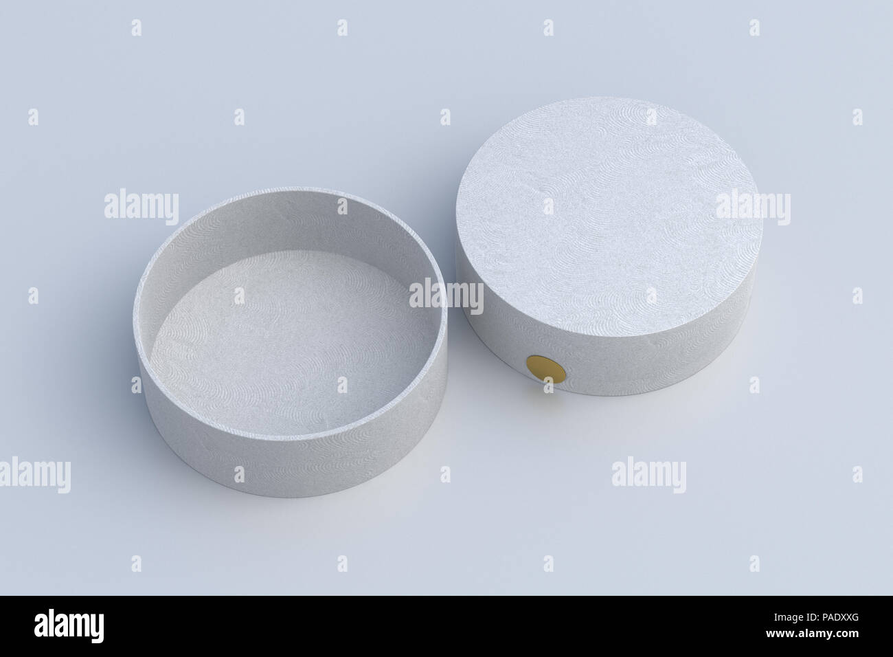 Two white round boxes opened and closed on white background. 3d ...