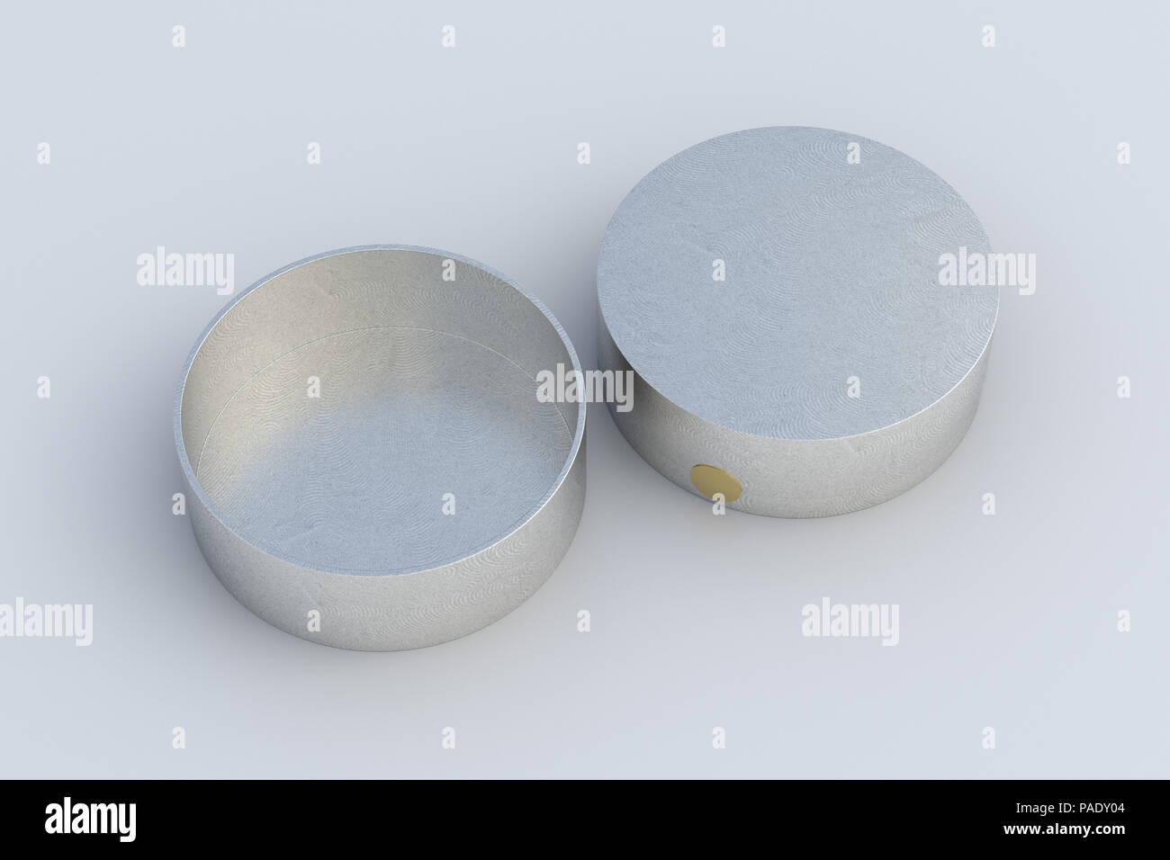 Two silver round boxes opened and closed on white background. 3d ...
