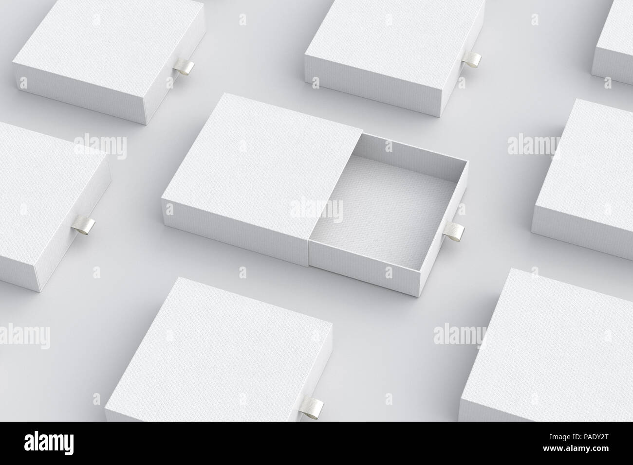 Empty white opened sliding box and blank closed sliding drawer boxes ...