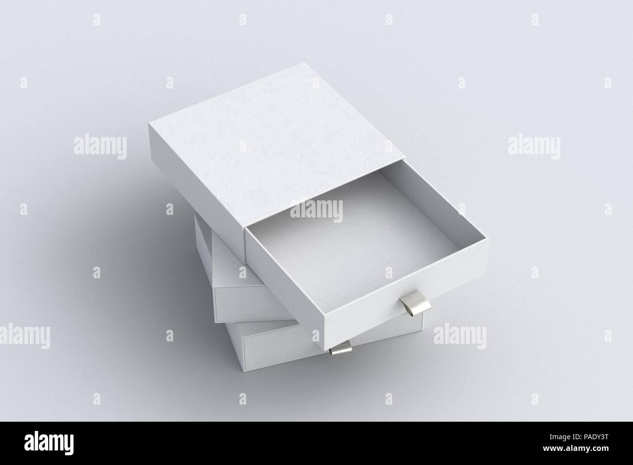 Empty white opened sliding box and closed sliding drawer boxes stack on ...