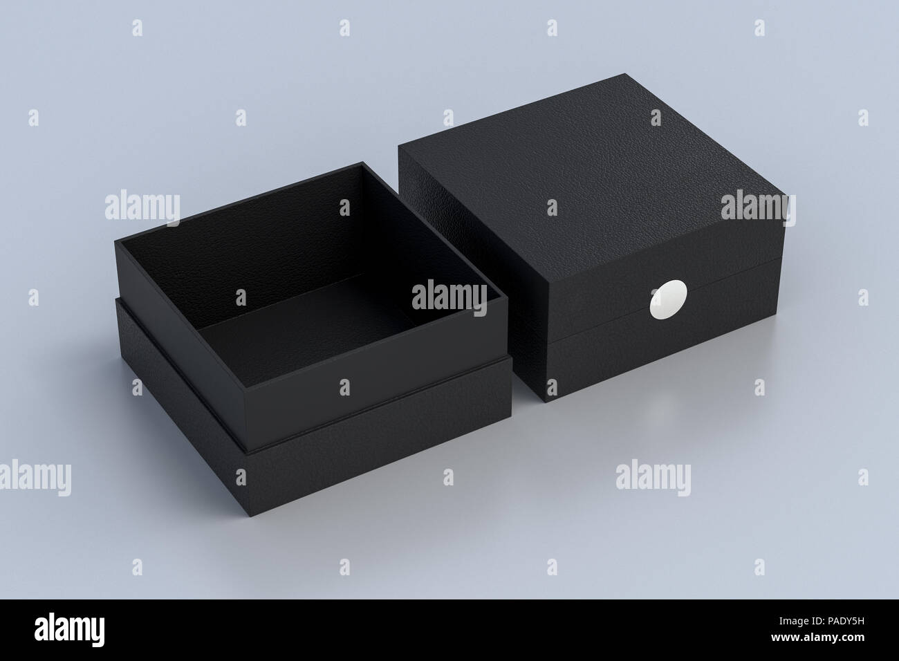 Two black leather square boxes opened and closed on white background ...