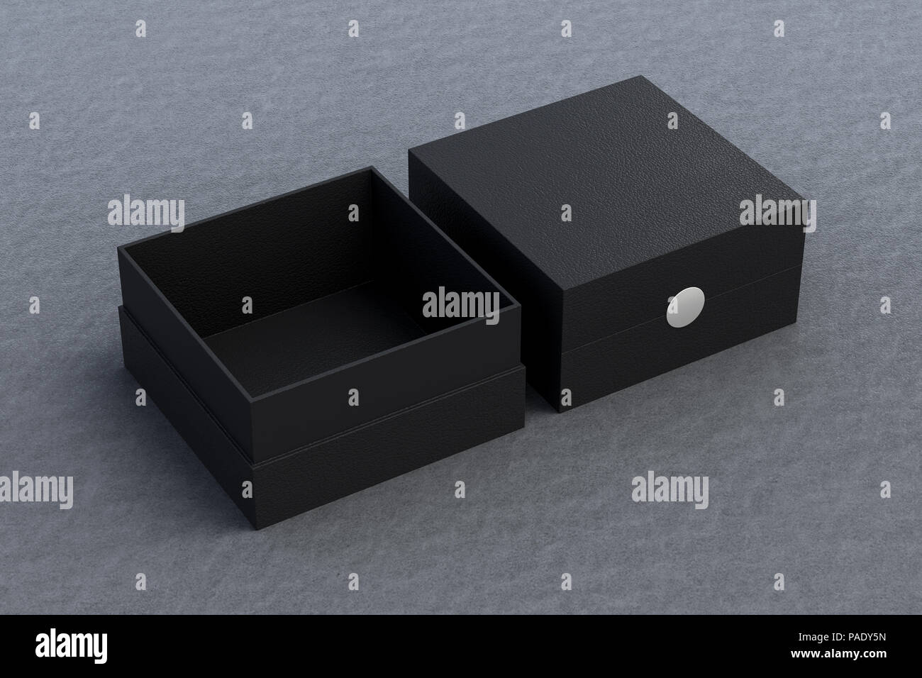 Two black leather square boxes opened and closed on gray background. 3d ...