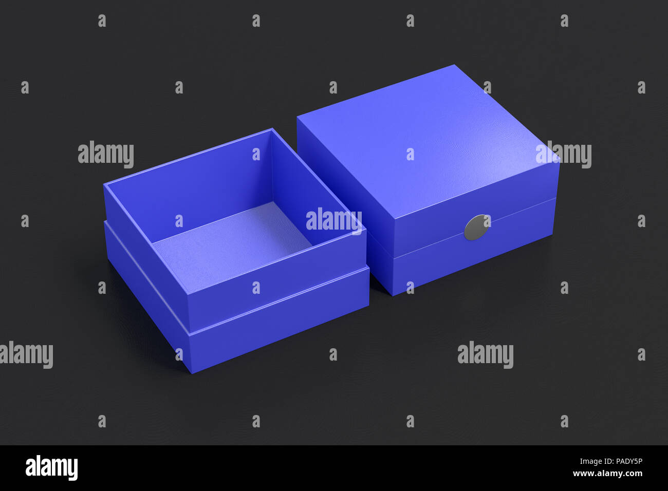 Two blue square boxes opened and closed on black background. 3d ...