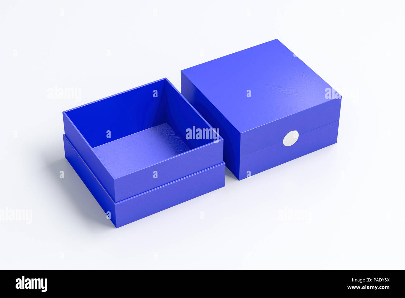 Two blue square boxes opened and closed on white background. 3d ...