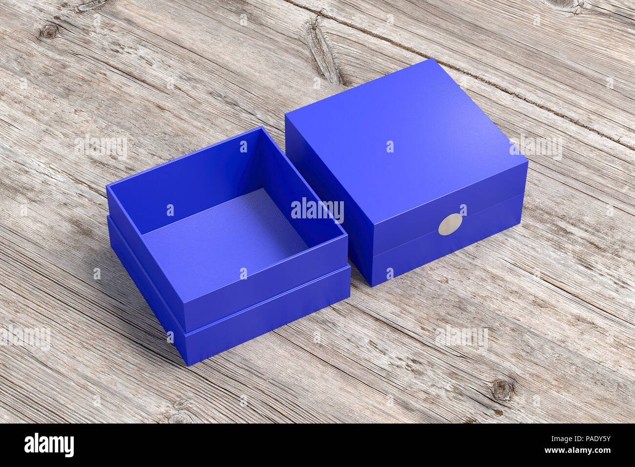 Two blue square boxes opened and closed on wood background. 3d ...