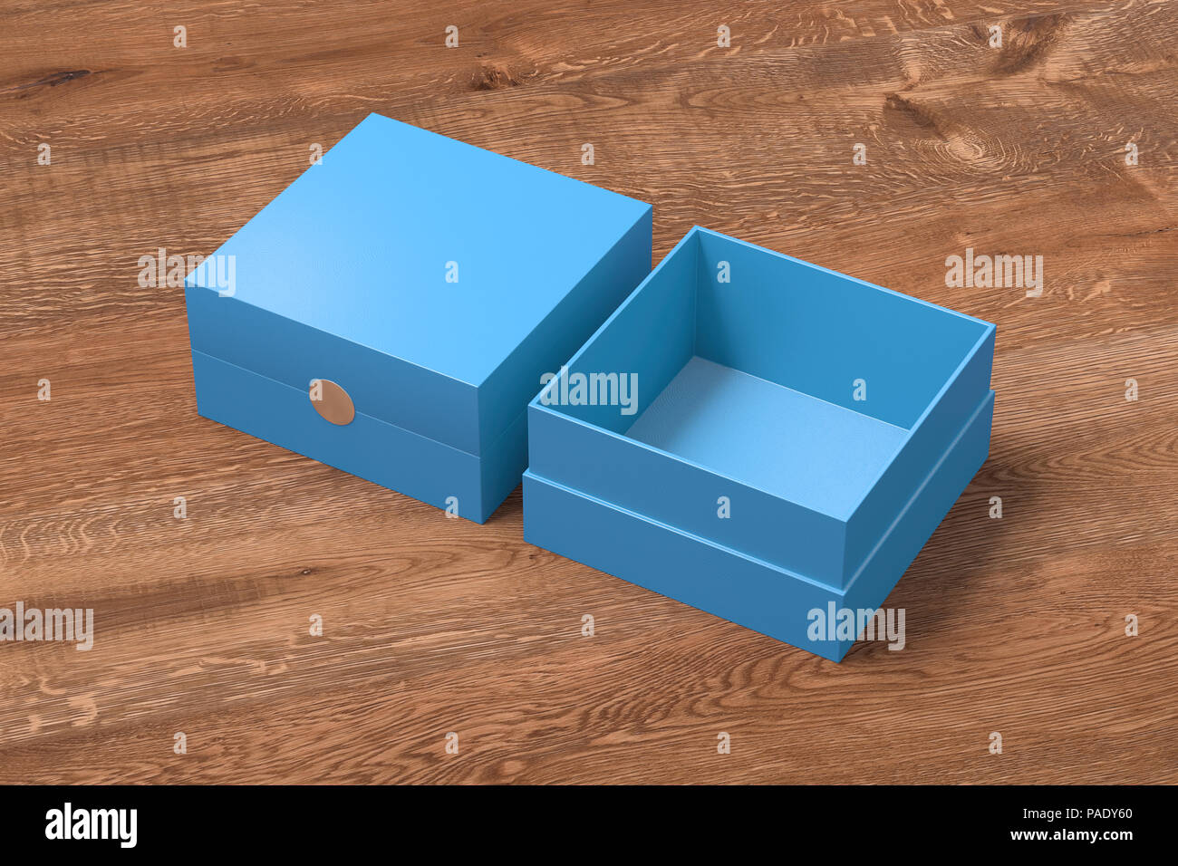 Two cyan square boxes opened and closed on wood background. 3d ...