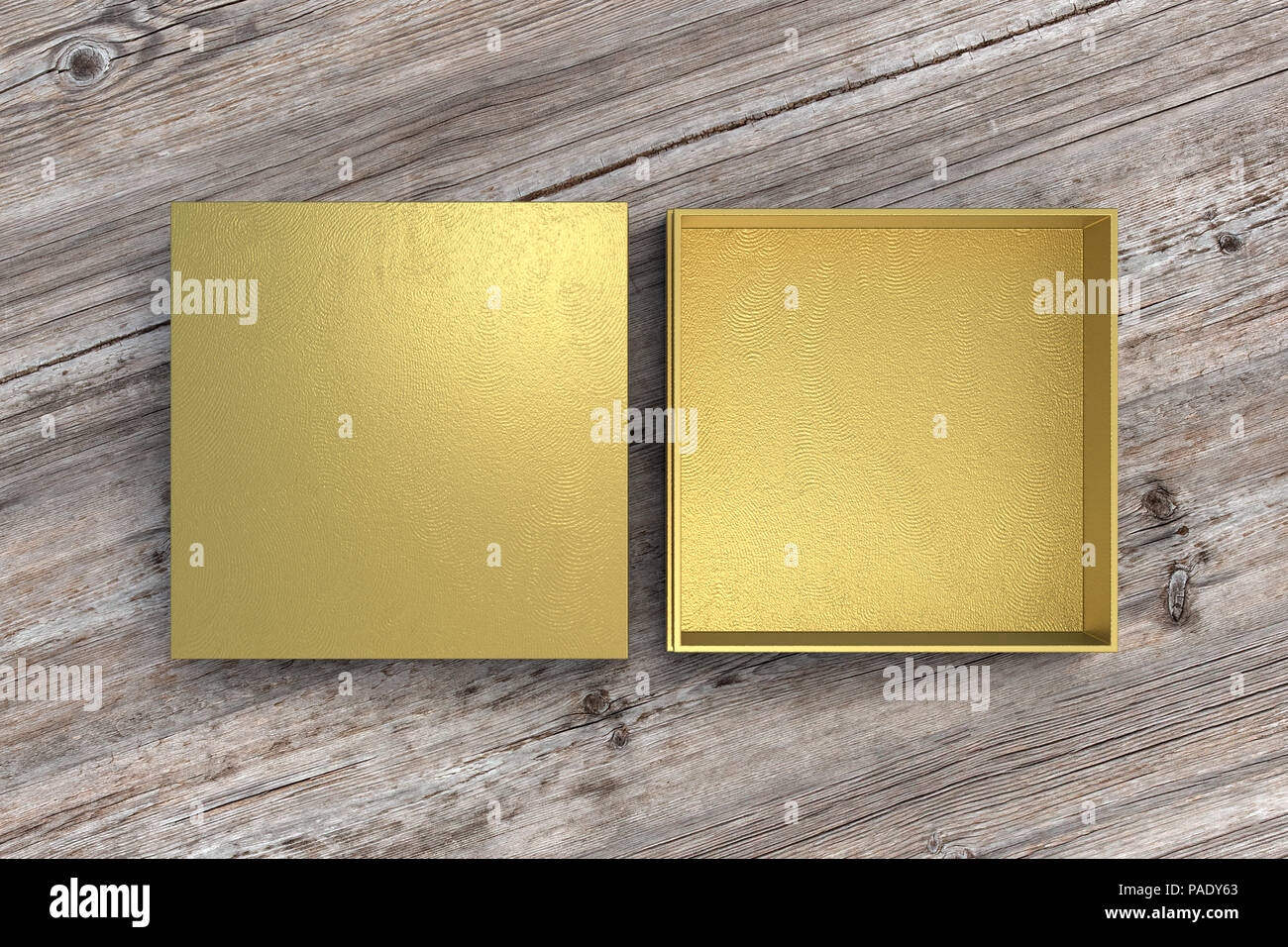 Two gold square boxes opened and closed on wood background. 3d ...