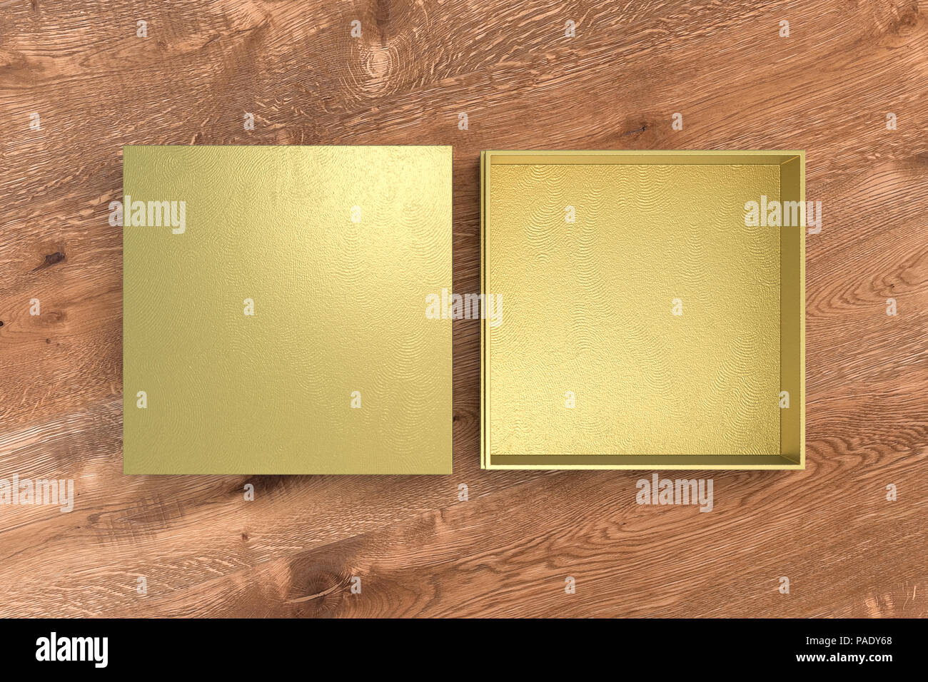 Two gold square boxes opened and closed on wood background. 3d ...