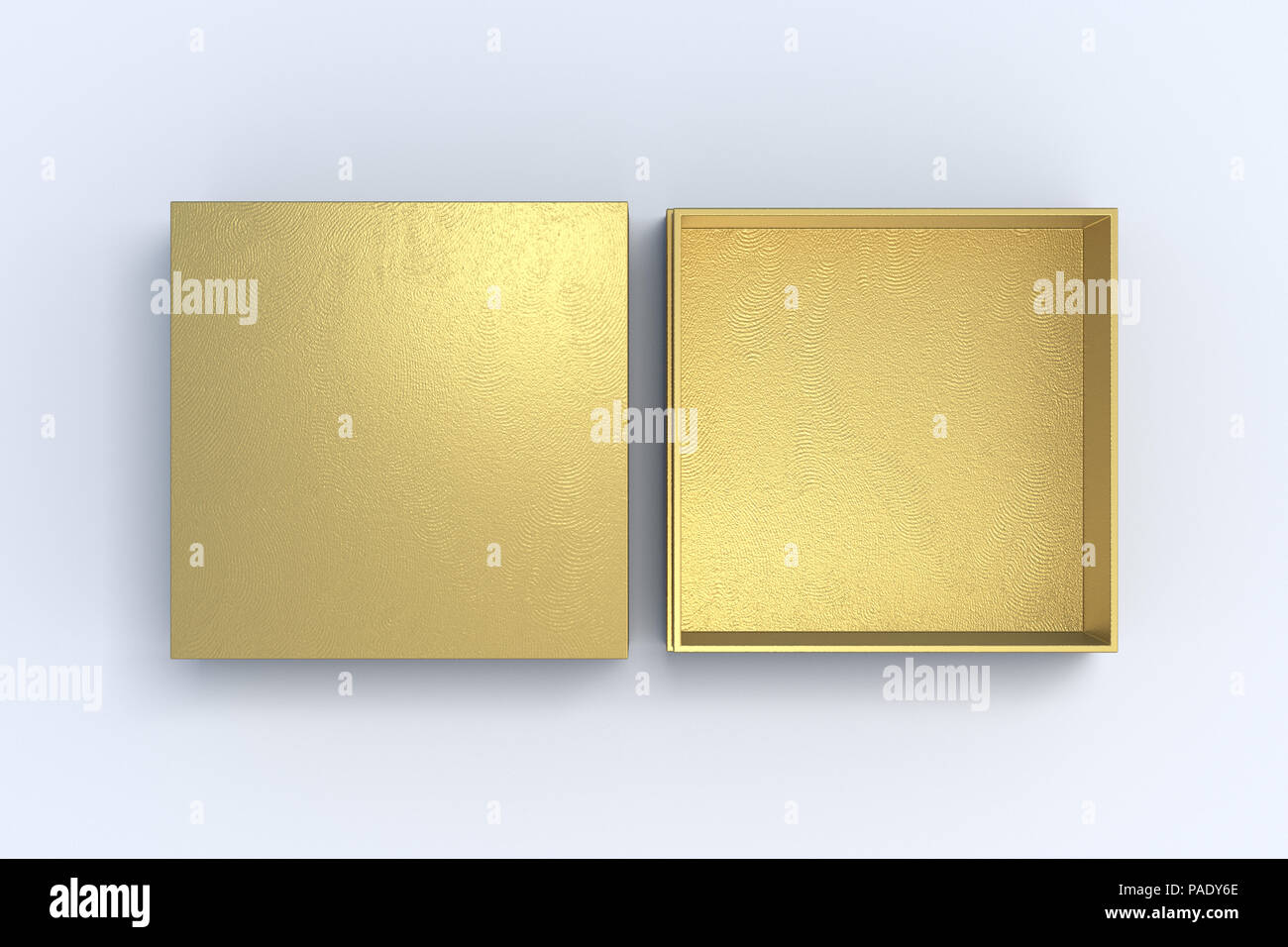 Two gold square boxes opened and closed on white background. 3d ...