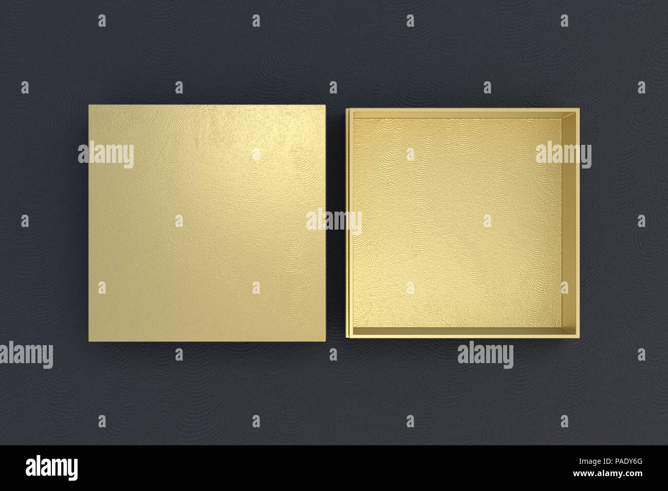 Two gold square boxes opened and closed on black background. 3d ...