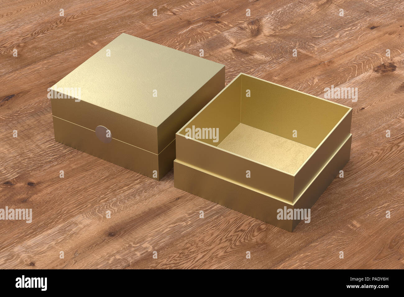 Two gold square boxes opened and closed on wood background. 3d ...