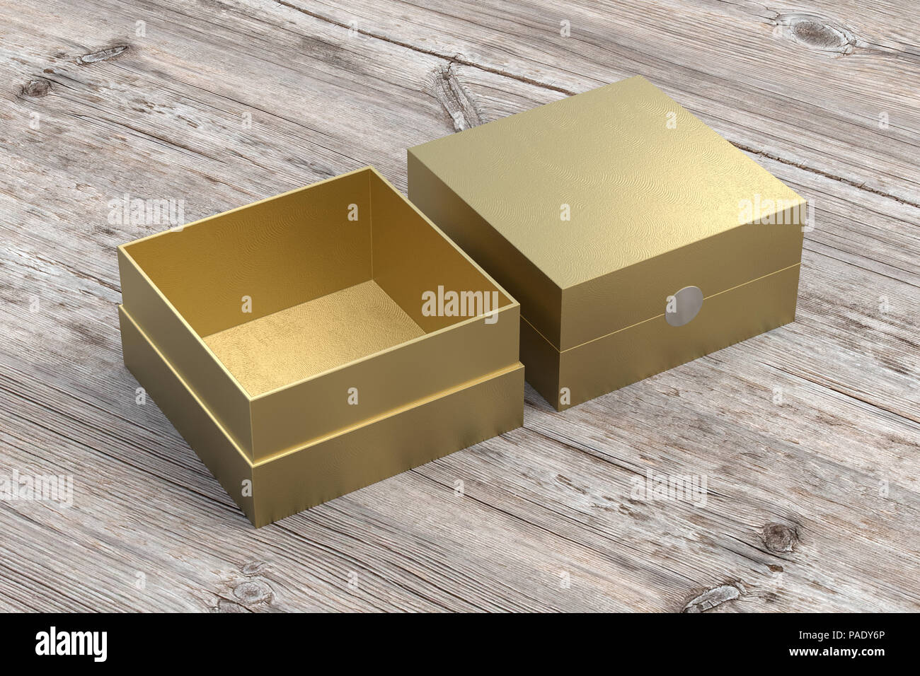 Two gold square boxes opened and closed on wood background. 3d ...