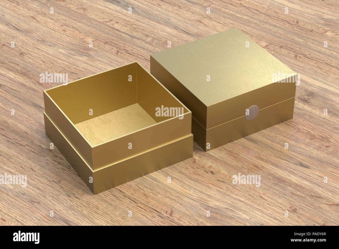 Two gold square boxes opened and closed on wood background. 3d ...