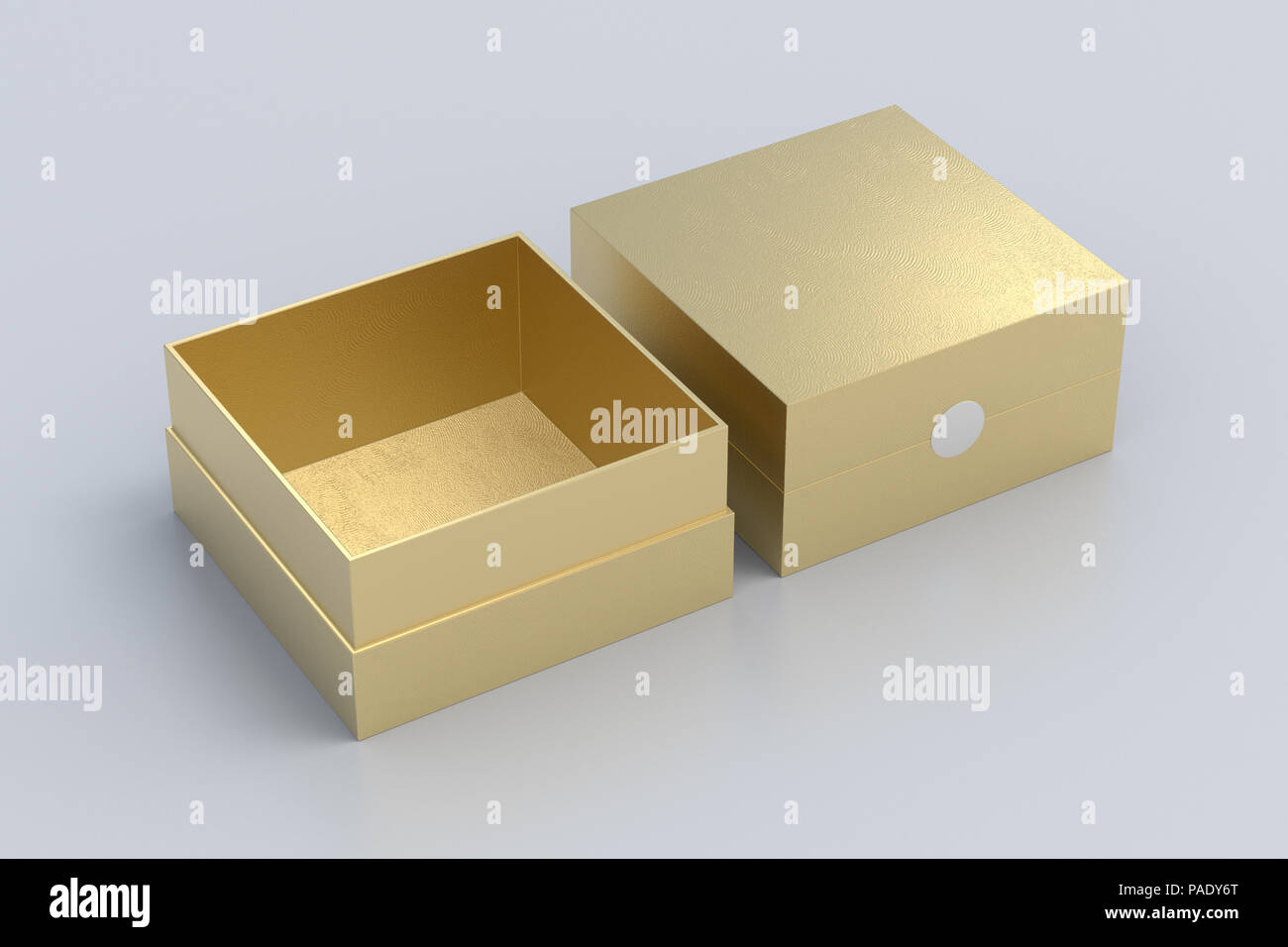 Two gold square boxes opened and closed on white background. 3d ...