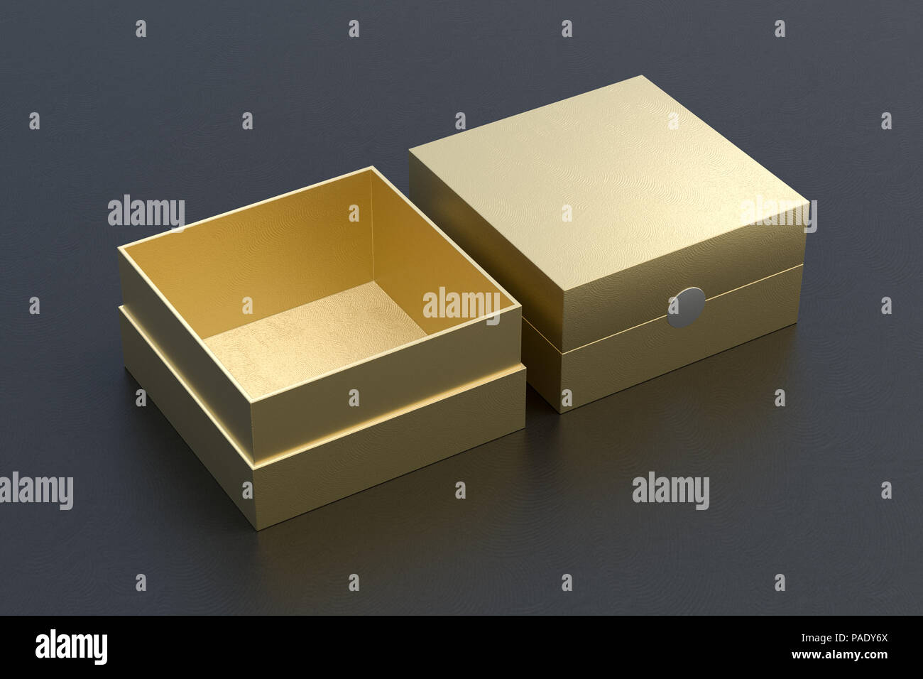 Two gold square boxes opened and closed on black background. 3d ...