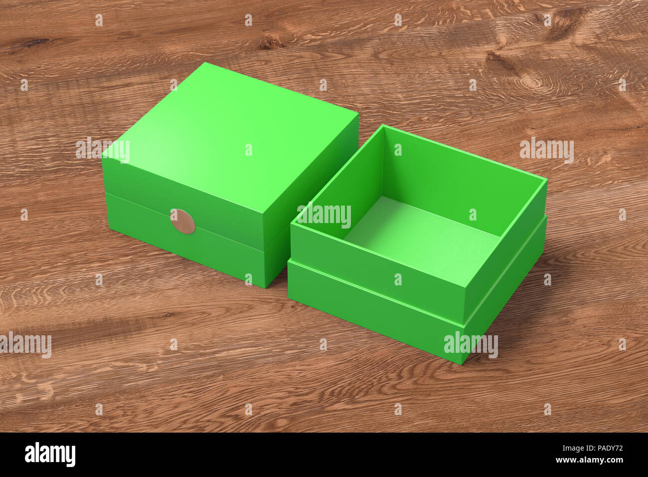 Two green square boxes opened and closed on wood background. 3d ...