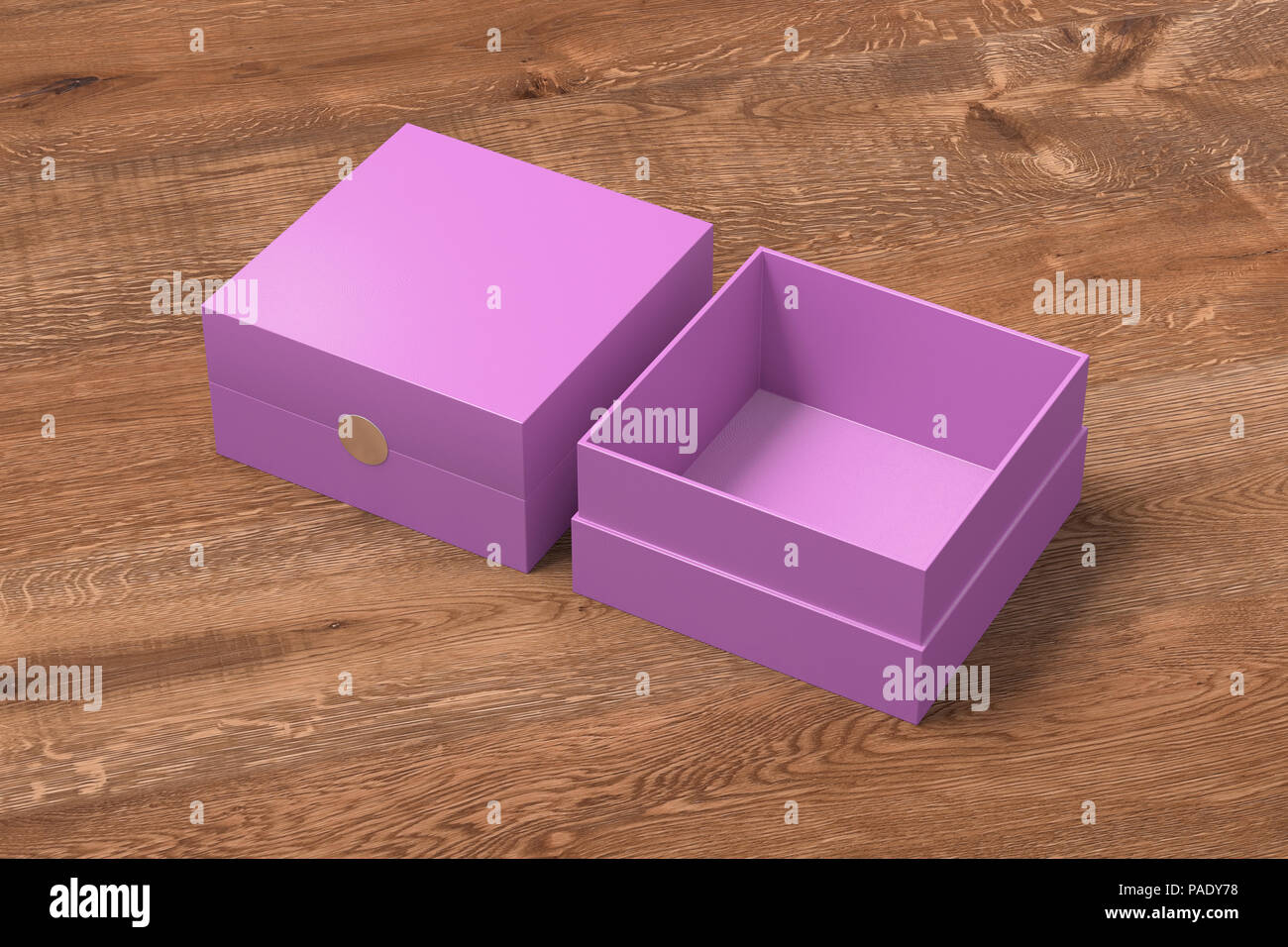 Two pink square boxes opened and closed on wood background. 3d ...
