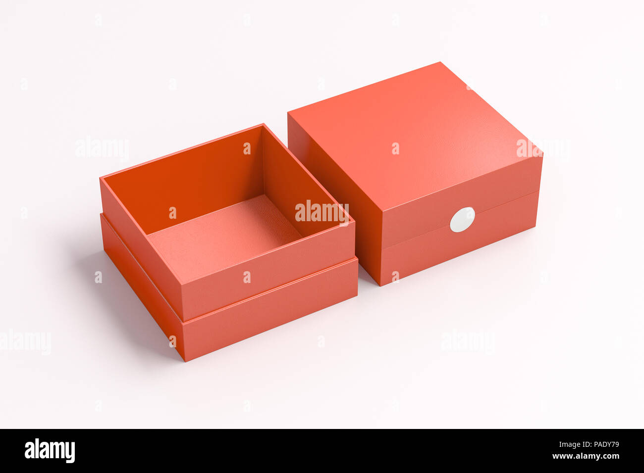Two red square boxes opened and closed on white background. 3d ...