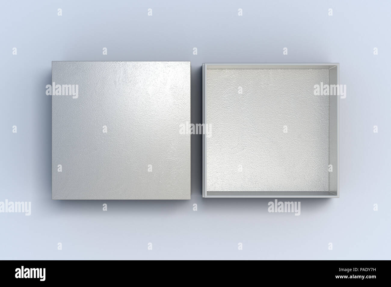 Two silver square boxes opened and closed on white background. 3d ...