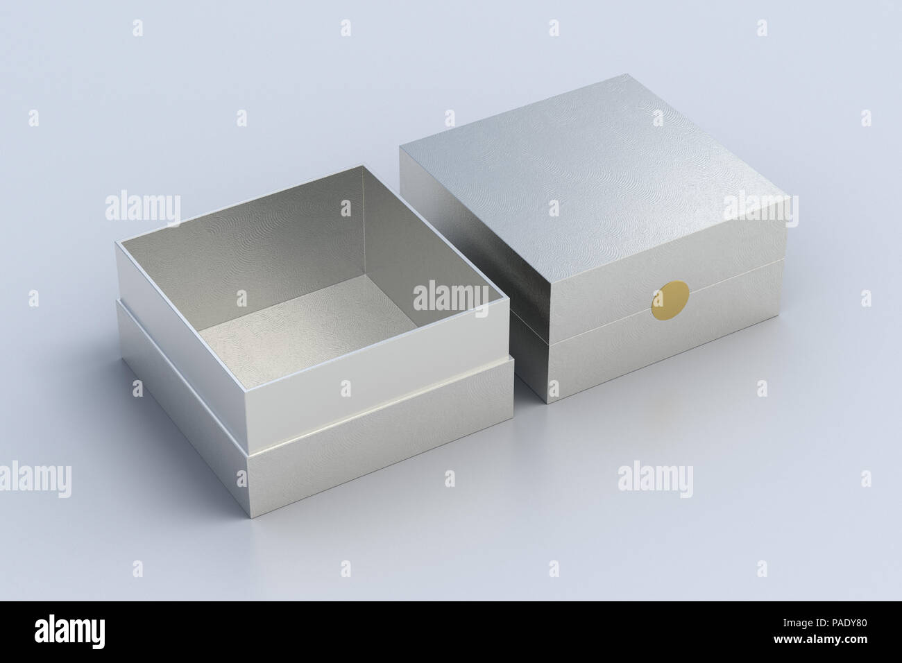 Two silver square boxes opened and closed on white background. 3d ...
