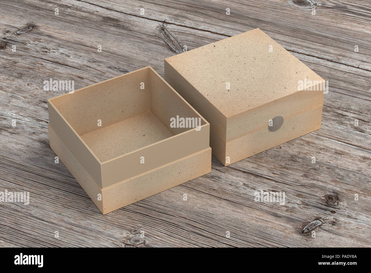 Two vintage square boxes opened and closed on wood background. 3d ...