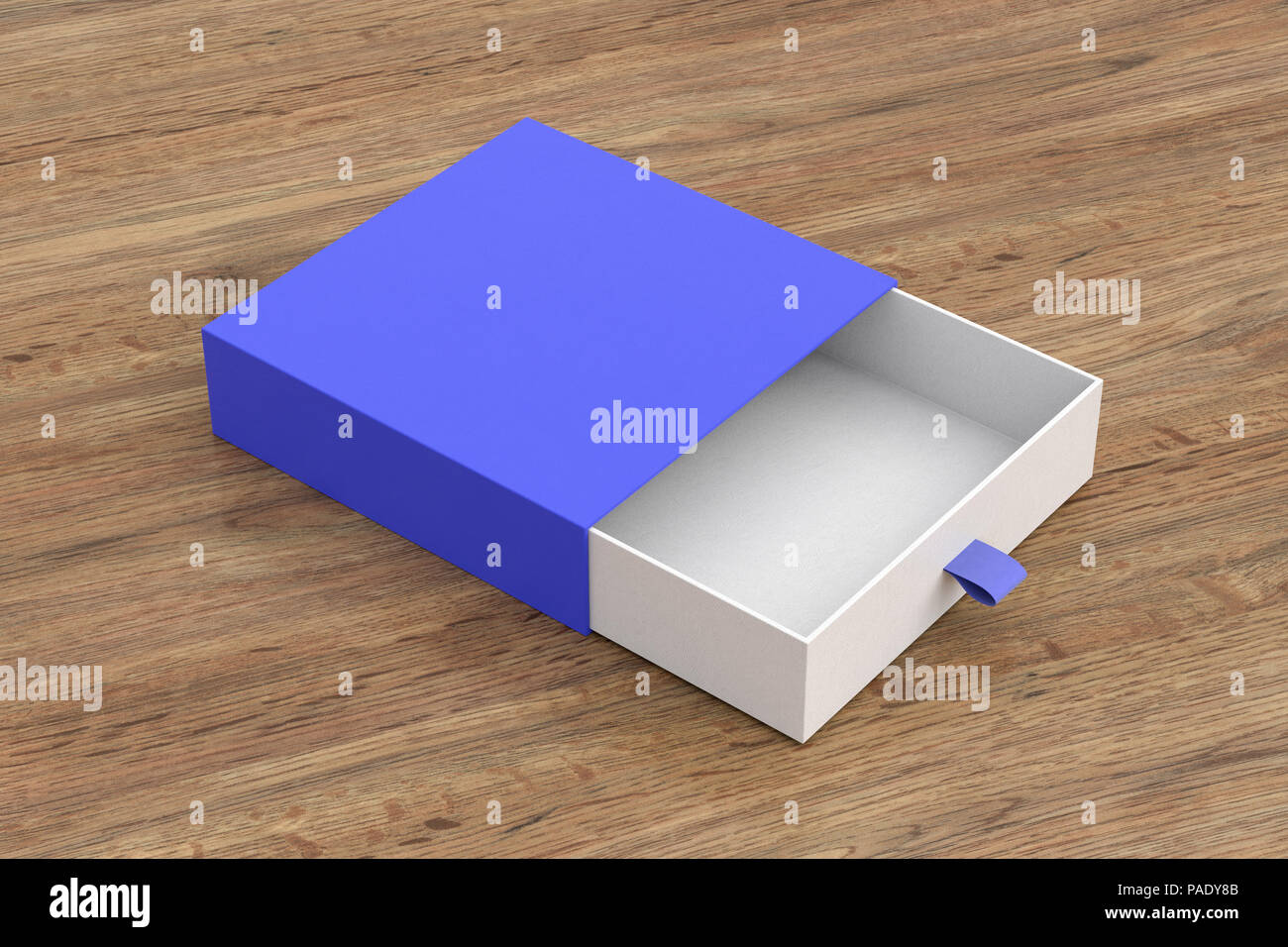 Opened empty blue drawer sliding box on wooden background. Isolated ...