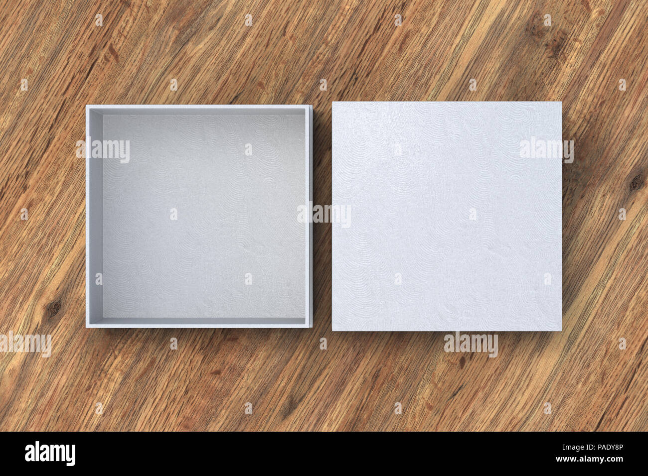 Two white square boxes opened and closed on wood background. 3d ...