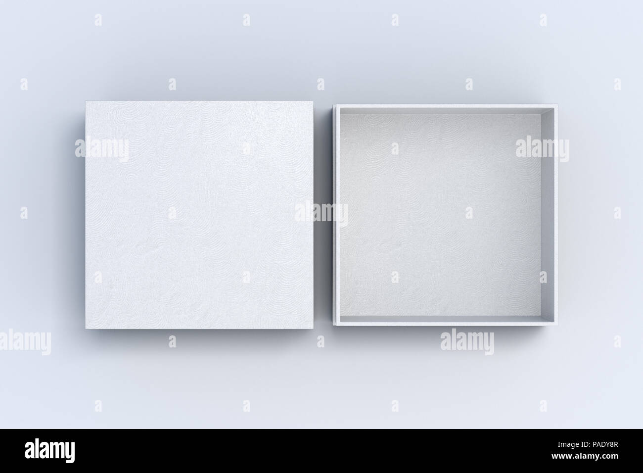 Two white square boxes opened and closed on white background. 3d ...