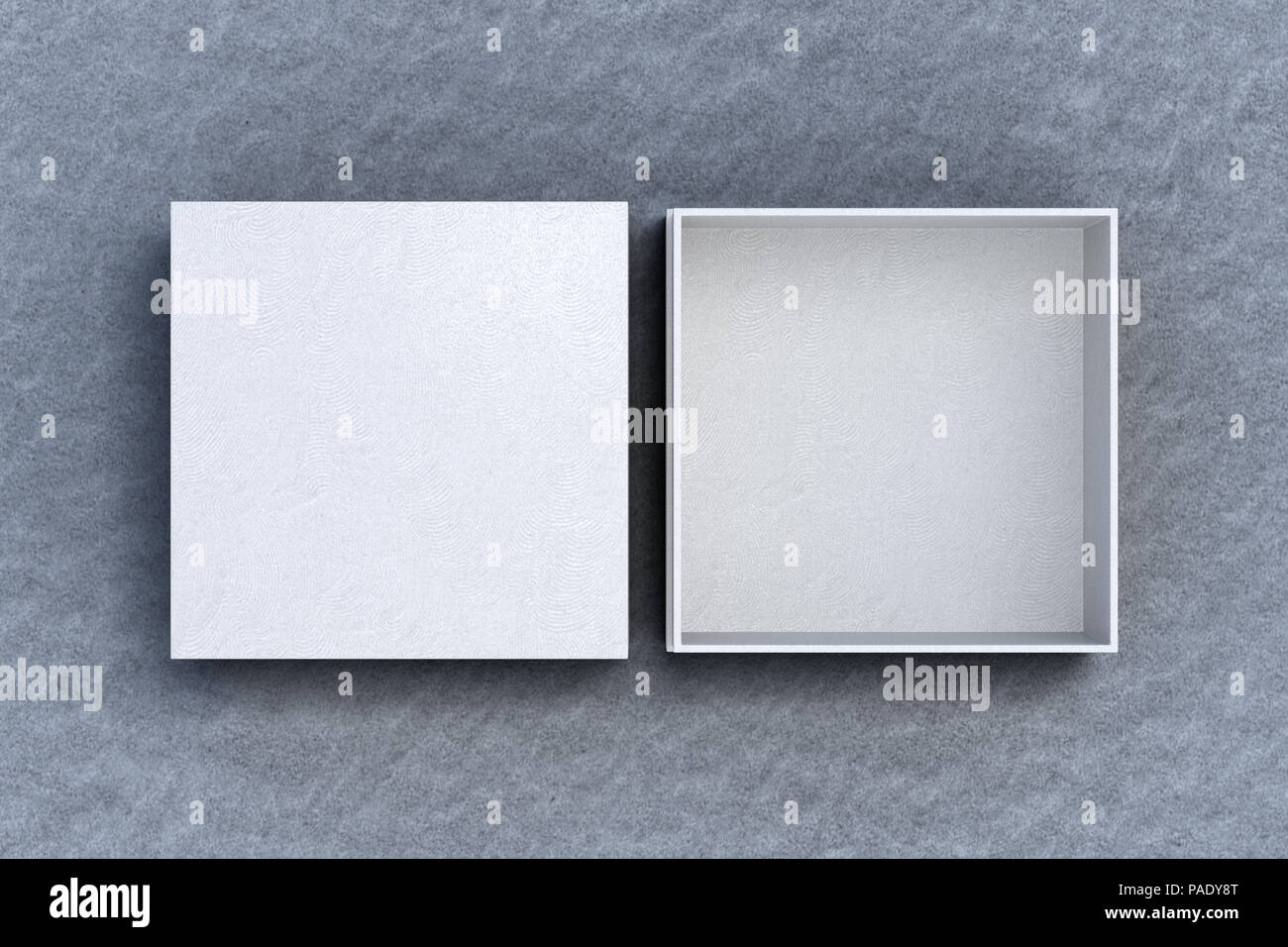 Two white square boxes opened and closed on gray background. 3d ...