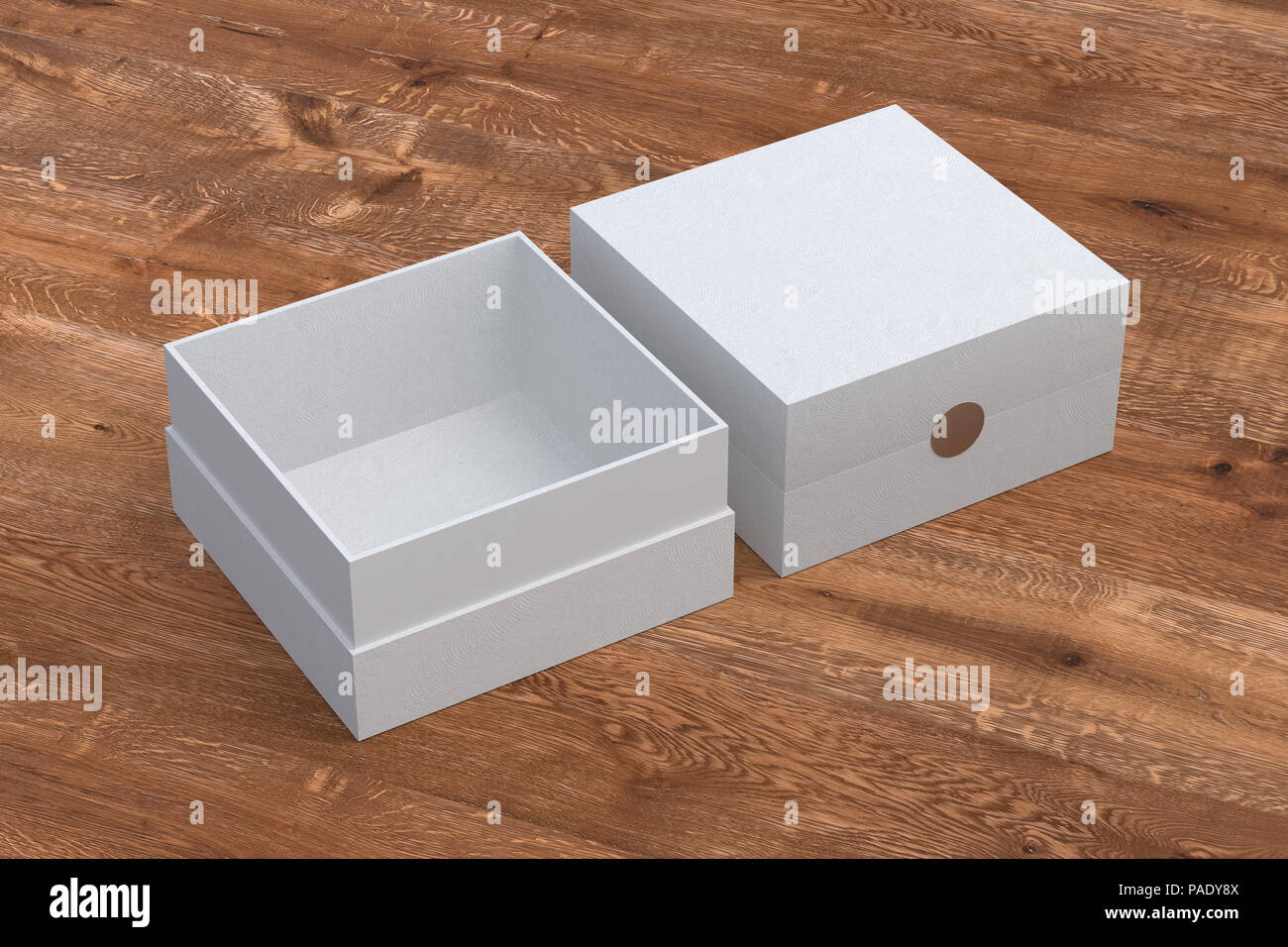 Two white square boxes opened and closed on wood background. 3d ...