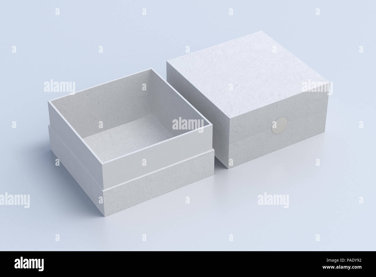 Two white square boxes opened and closed on white background. 3d ...