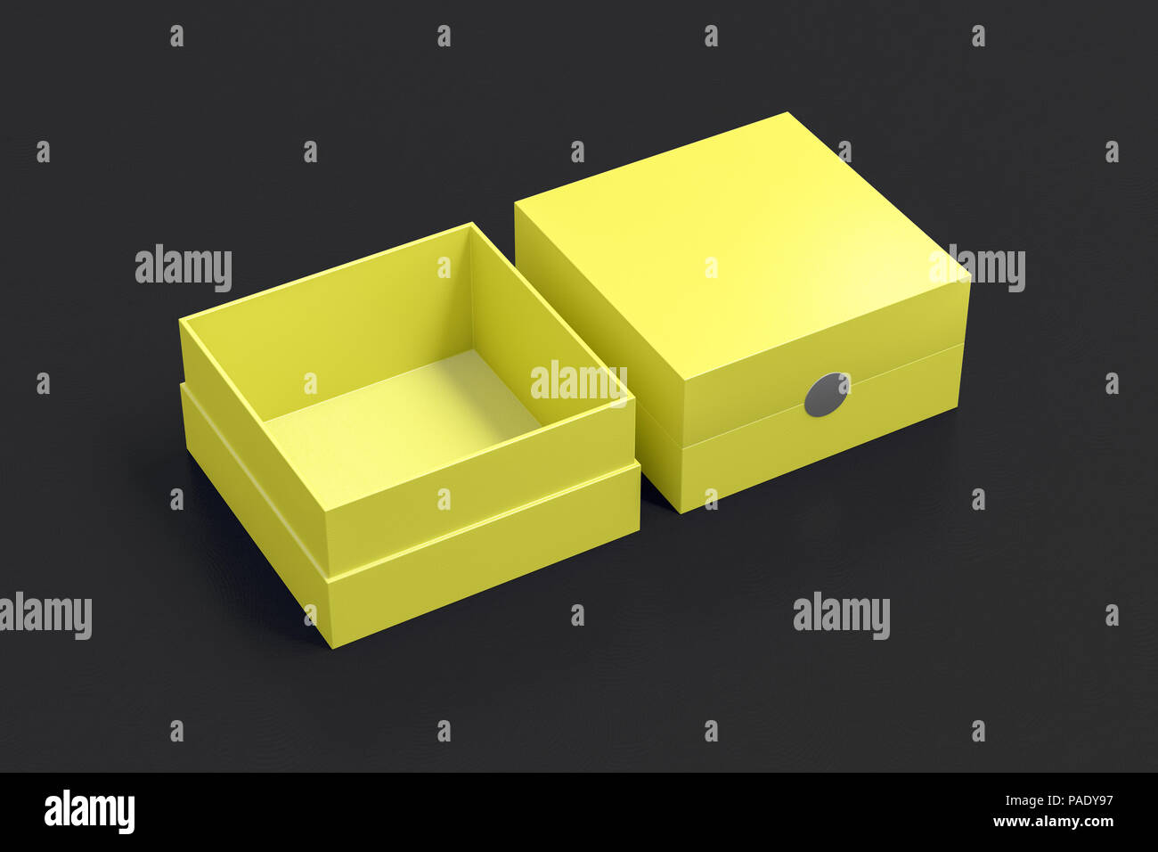 Two yellow square boxes opened and closed on black background. 3d ...