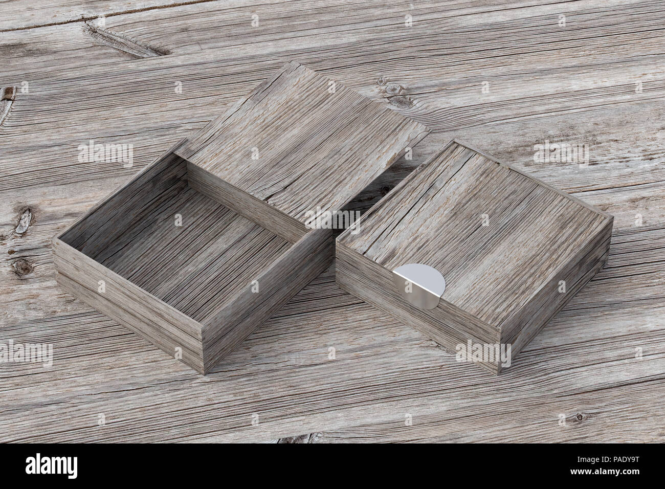 Two vintage wooden square boxes with sliding lid on old wooden ...