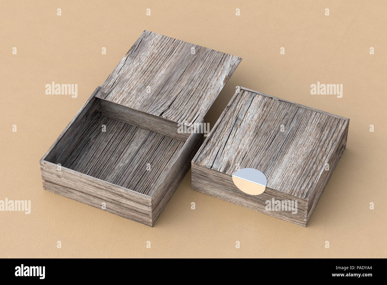 Two vintage wooden square boxes with sliding lid on beige leather ...