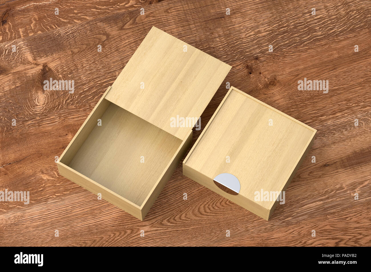 Two light wooden square boxes with sliding lid on dark wooden ...