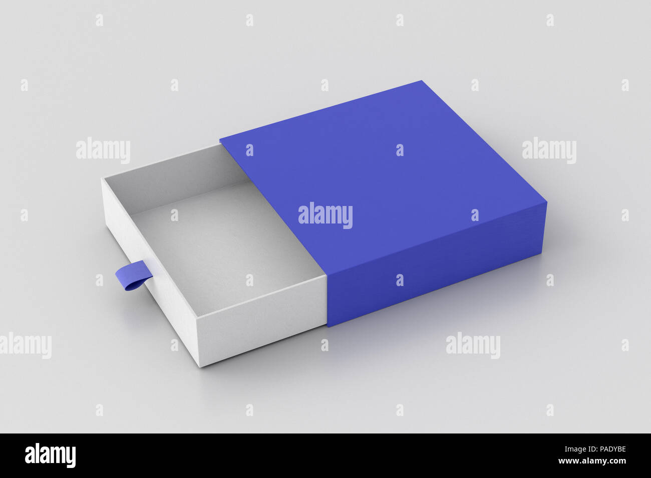 Opened empty blue drawer sliding box on white background. Isolated with ...