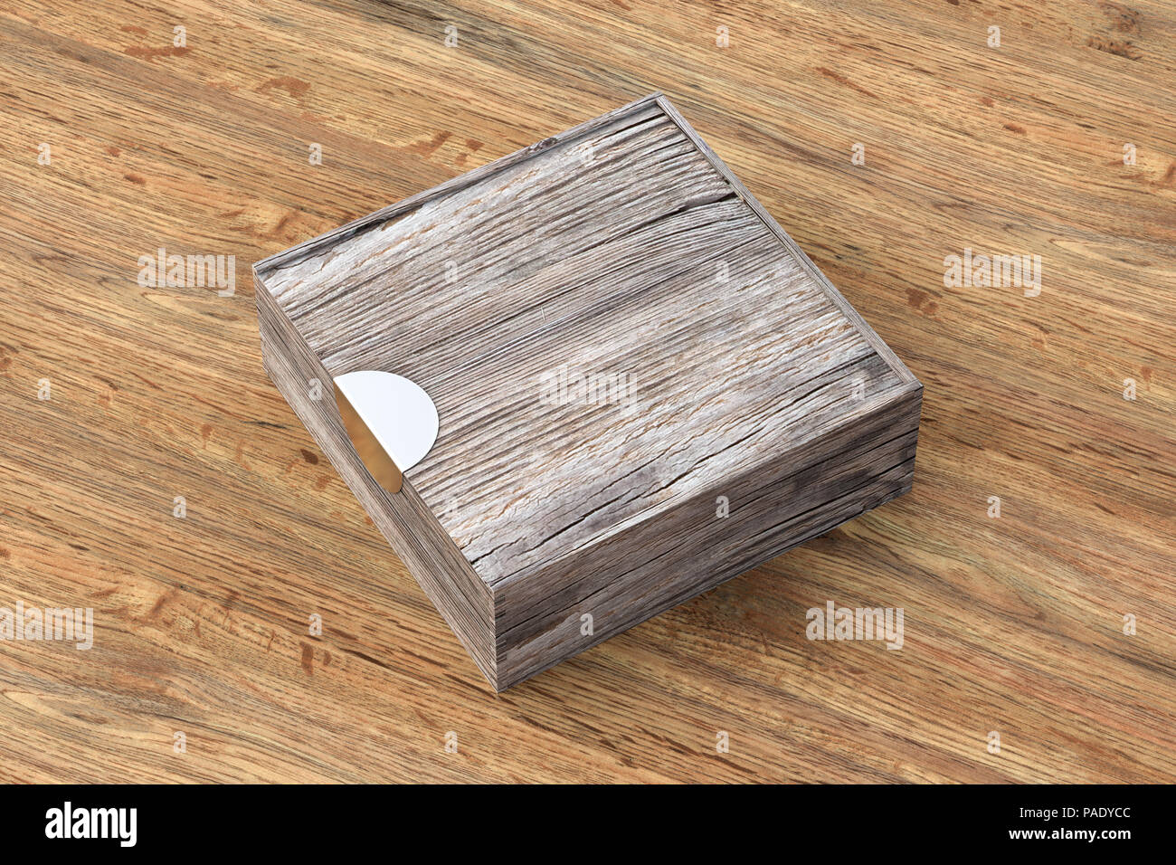 Blank vintage wooden square box with closed sliding lid on wooden ...