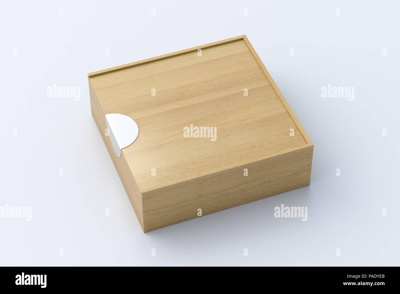 Blank light wooden square box with closed sliding lid on white ...