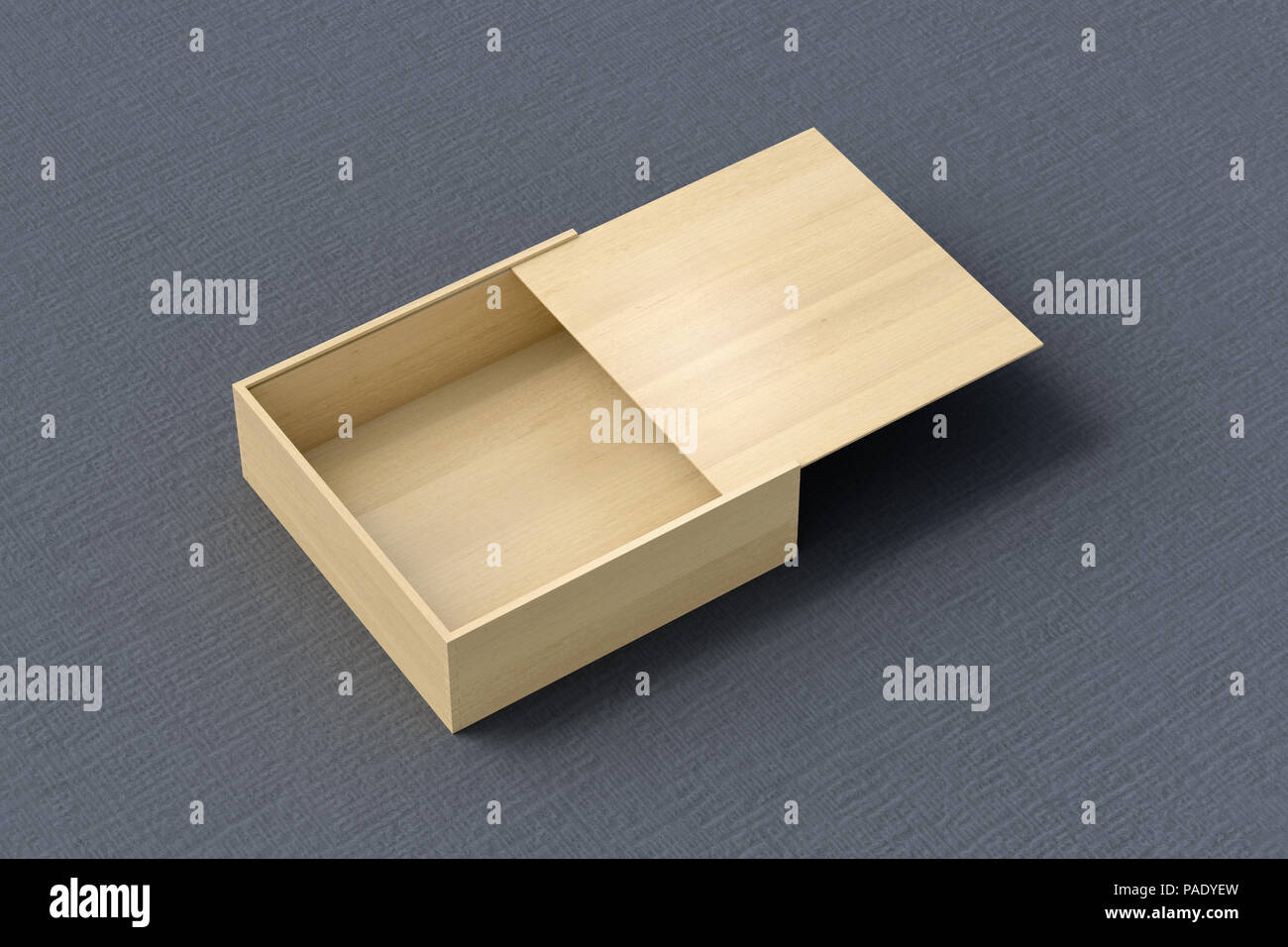 Empty light wooden square box with opened sliding lid on gray ...
