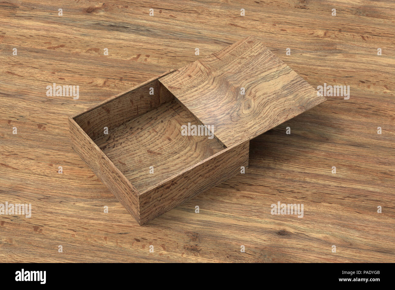 Empty wooden square box with opened sliding lid on wooden background ...