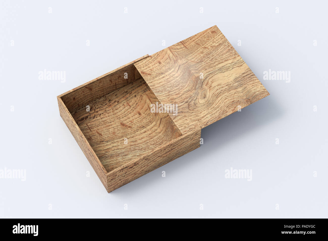 Empty wooden square box with opened sliding lid on white background ...