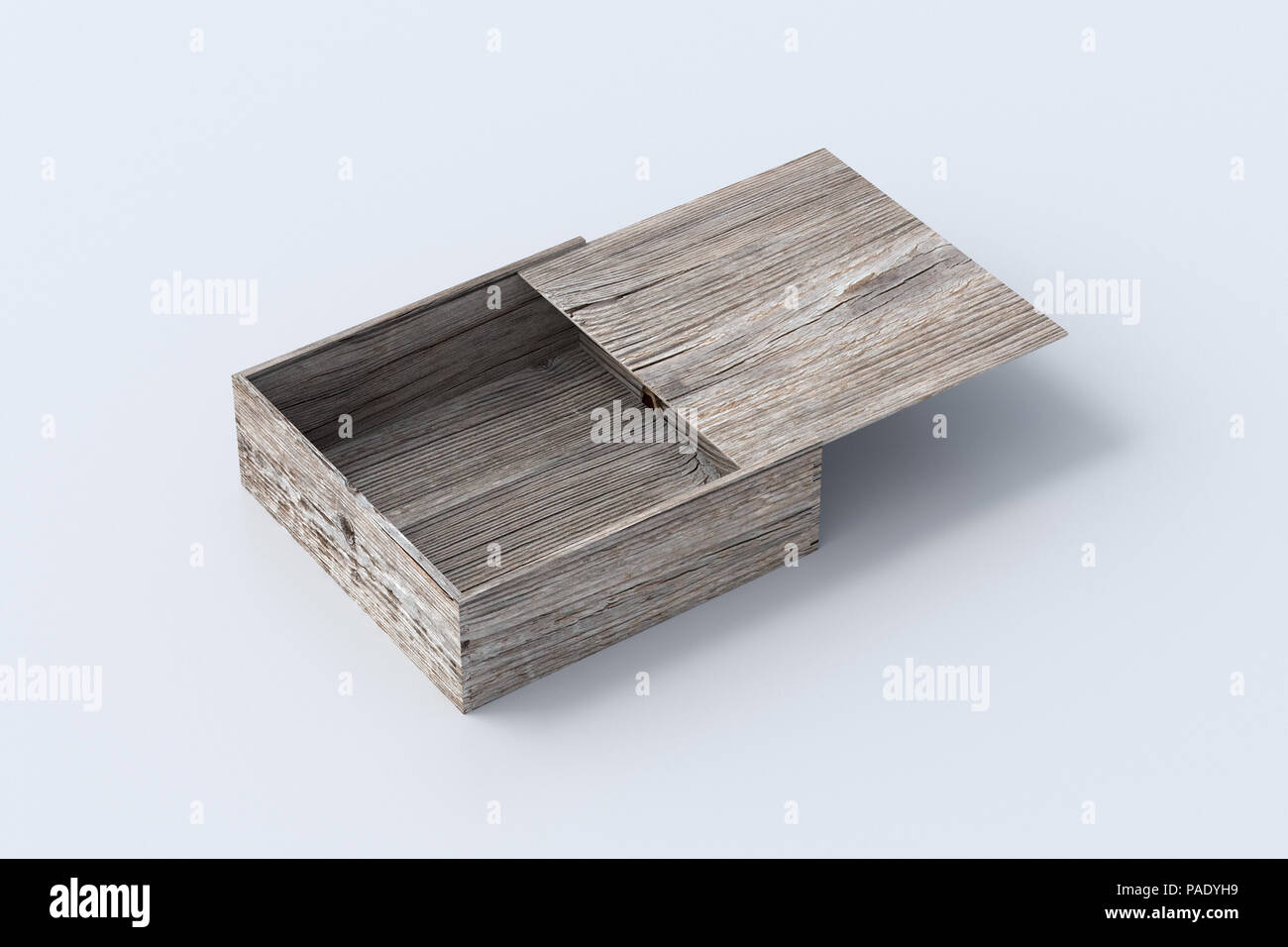 Empty square vintage wooden box with opened sliding lid on white ...