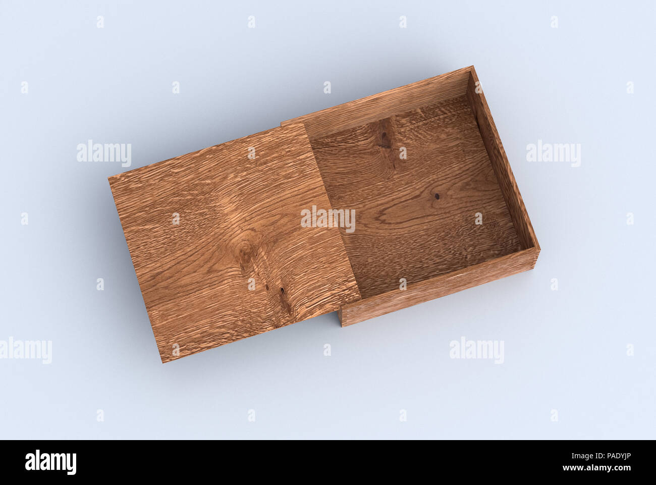 Empty dark wooden square box with opened sliding lid on white ...