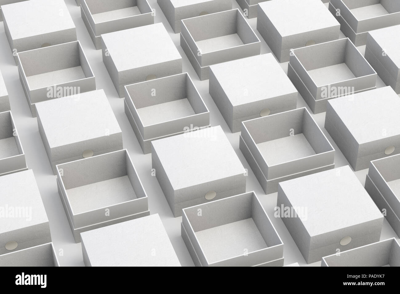 Blank open and closed white square boxes mockup on white background. 3d ...