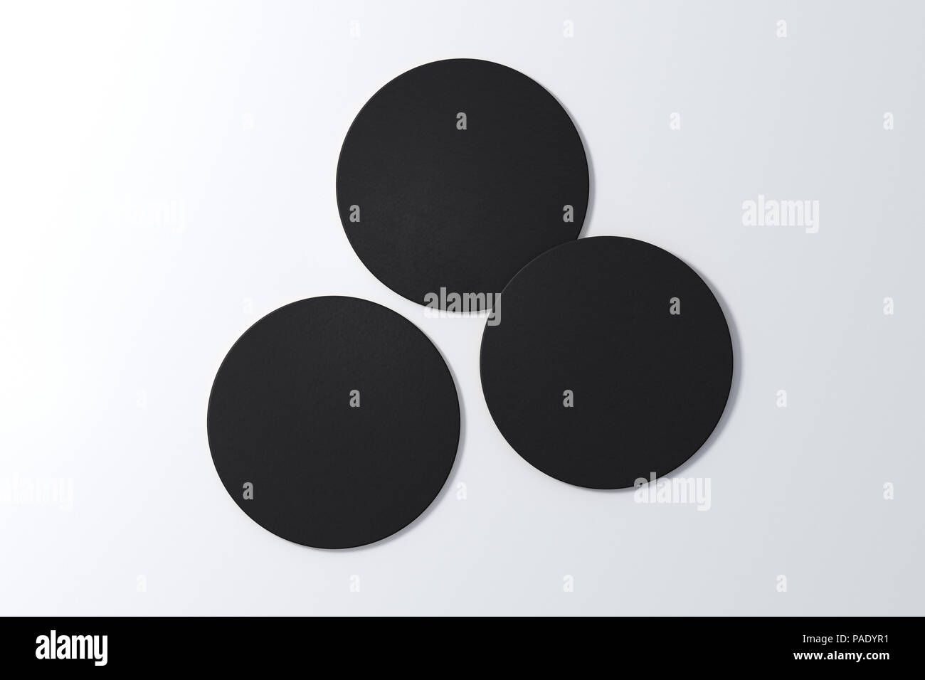 Three round black coasters on white background. 3d illustration Stock ...
