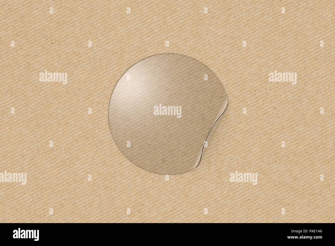 Blank transparent sticker with bent edge on cardboard background. 3d ...