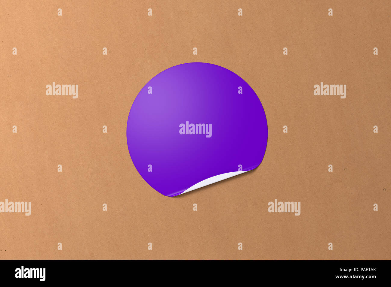 Blank violet sticker with bent edge on craft paper background. 3d ...
