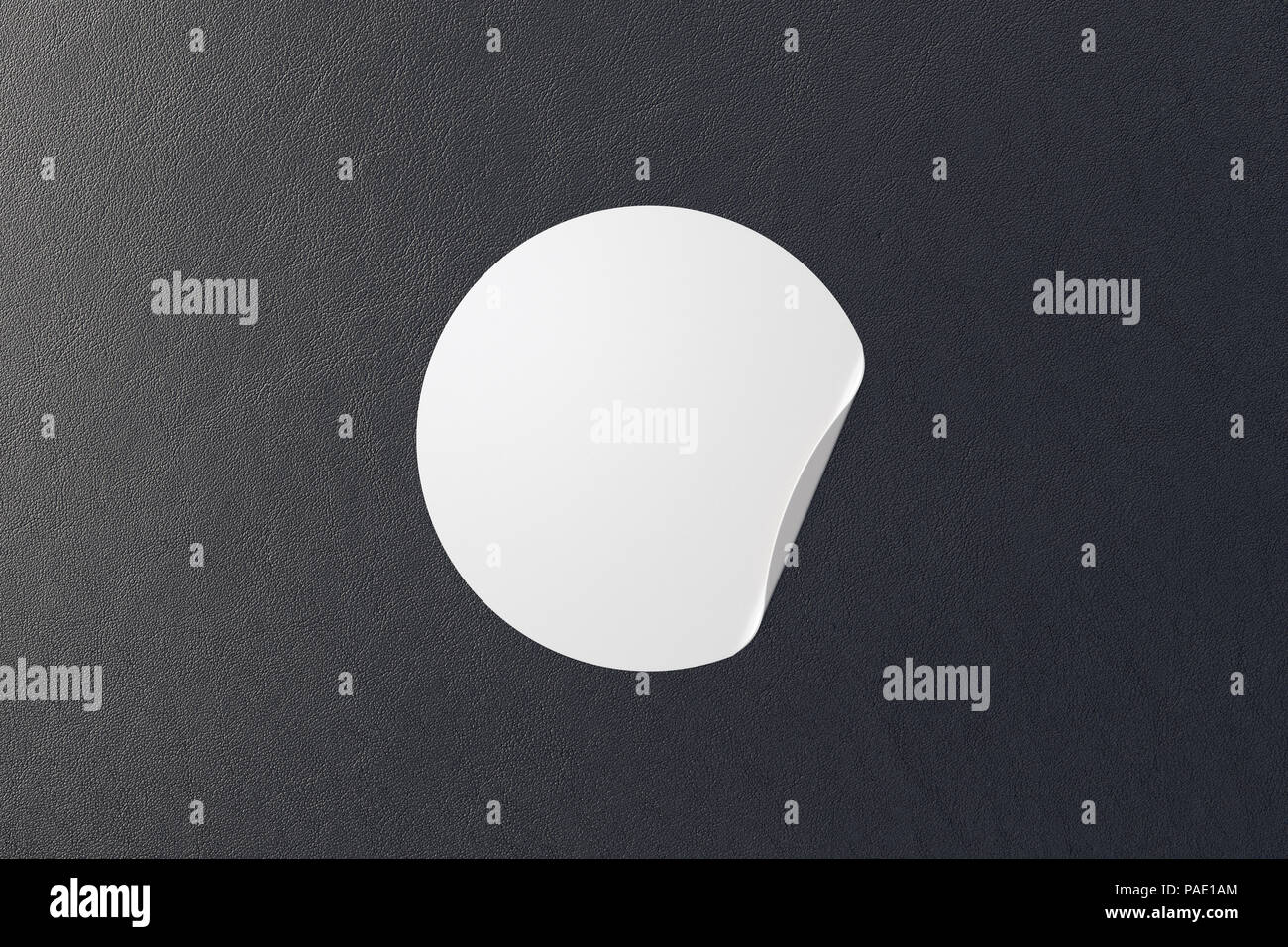 Blank white sticker with bent edge on black leather background. 3d ...