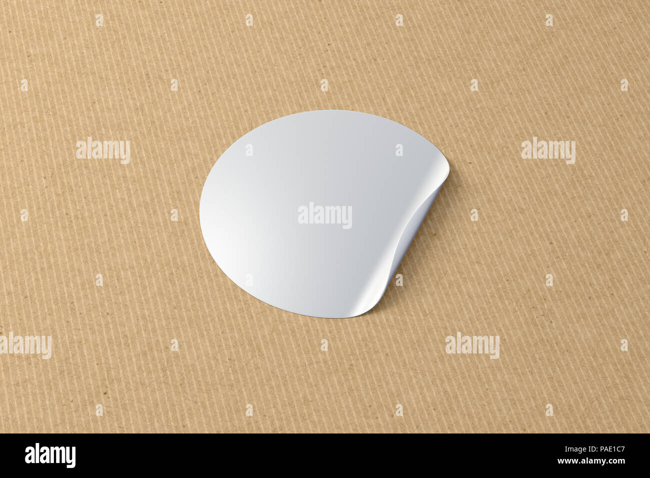 Blank white sticker with bent edge on cardboard background. 3d ...