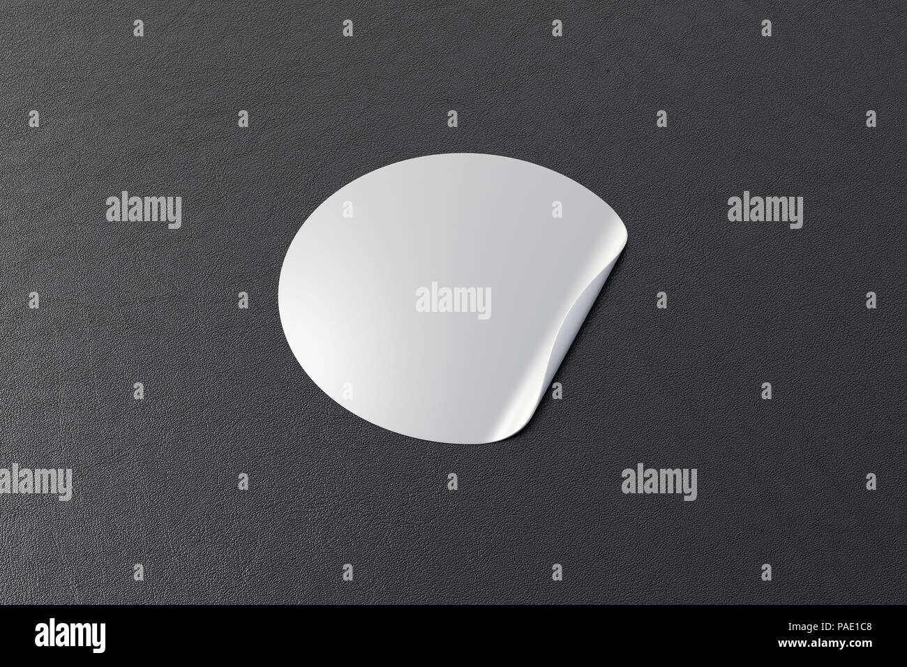 Blank white sticker with bent edge on black leather background. 3d ...